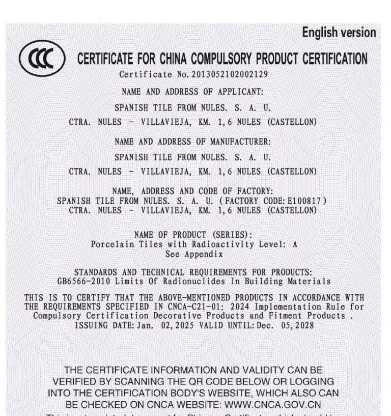 Certificado CCC Mark China - Stn cerámica